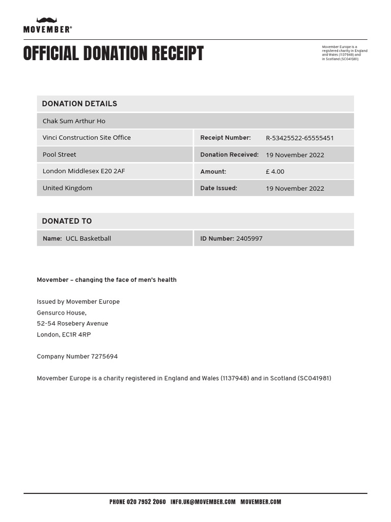 Movember Donation Receipt for UCL | PDF