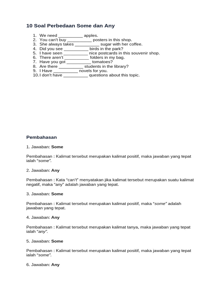 Soal dan Pembahasan Some vs Any | PDF