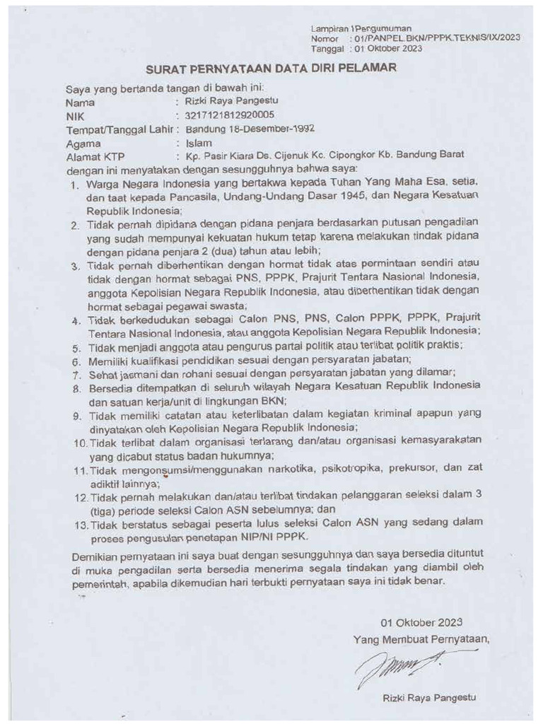Surat Pernyataan Data Diri | PDF