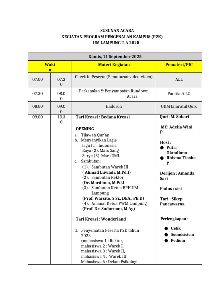 Susunan Acara p2k 2025 | PDF