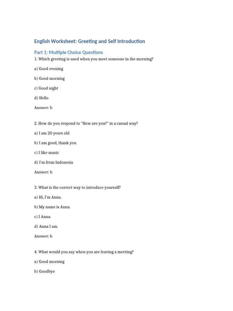 Greeting and Self Introduction Worksheet | PDF