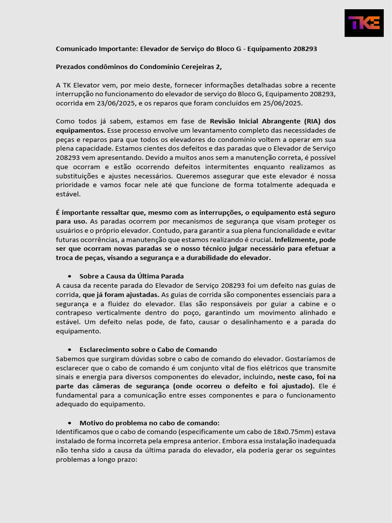 Interrupção Elevador Bloco G - Atualização | PDF | Comunicação