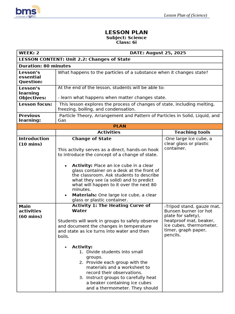 Changes of State Lesson Plan for Grade 6 | PDF | Heat | Temperature