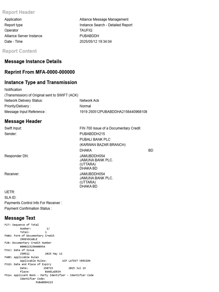 Detailed SWIFT Message Report | PDF | Invoice | Transmission Control ...