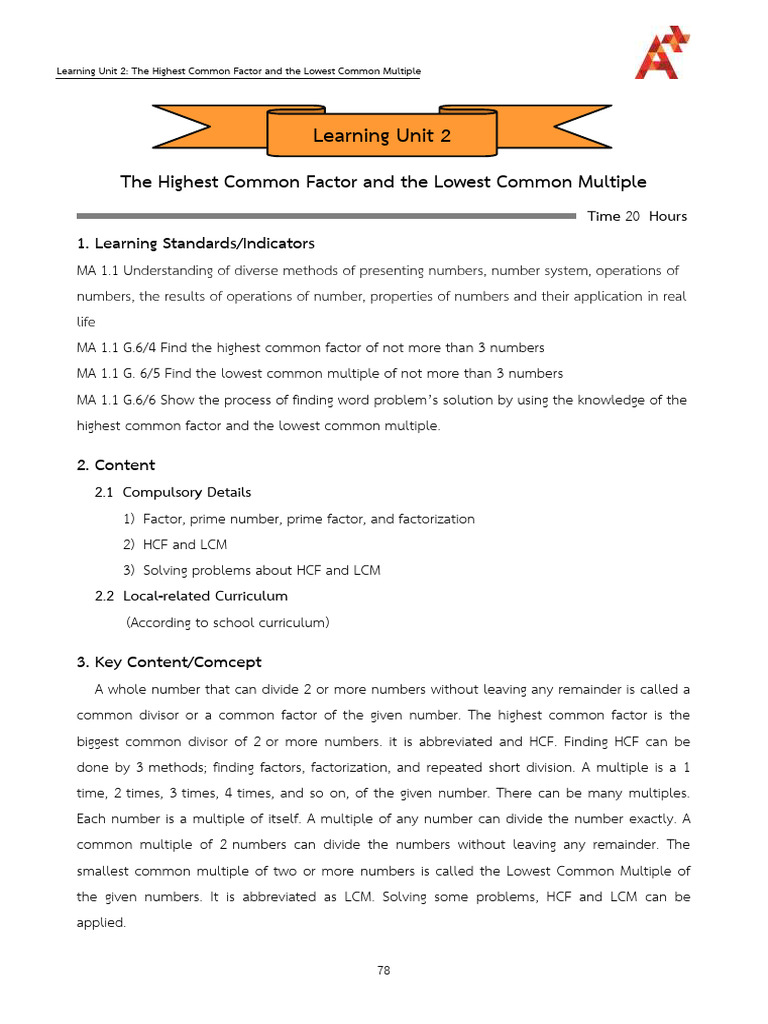 Learning Unit 2 The H.C.F and The L.C.M | PDF | Number Theory | Arithmetic