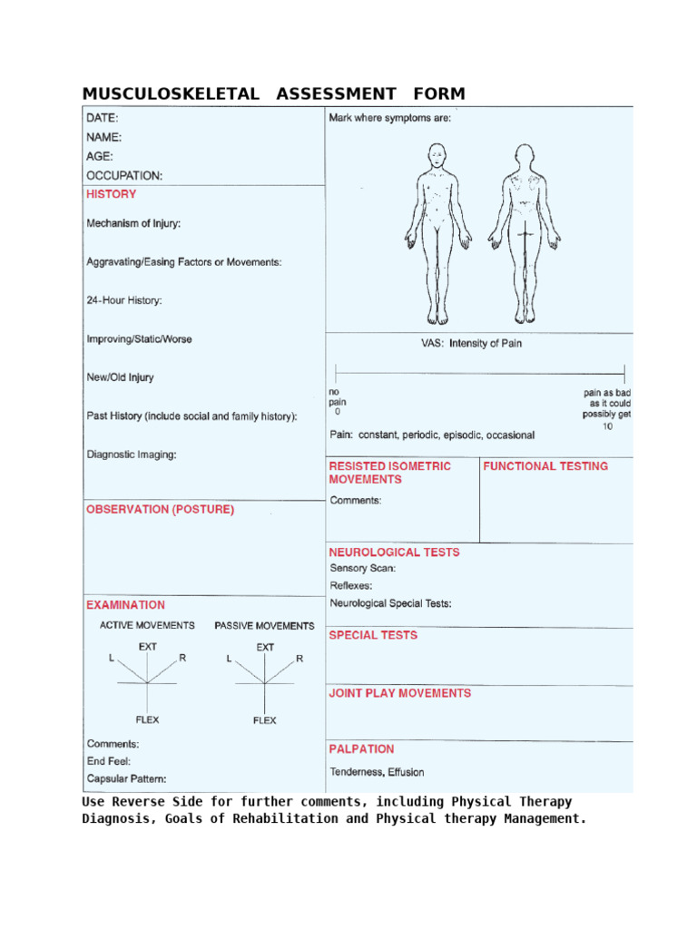 MSK Assessment Form Printscreen From Book | PDF