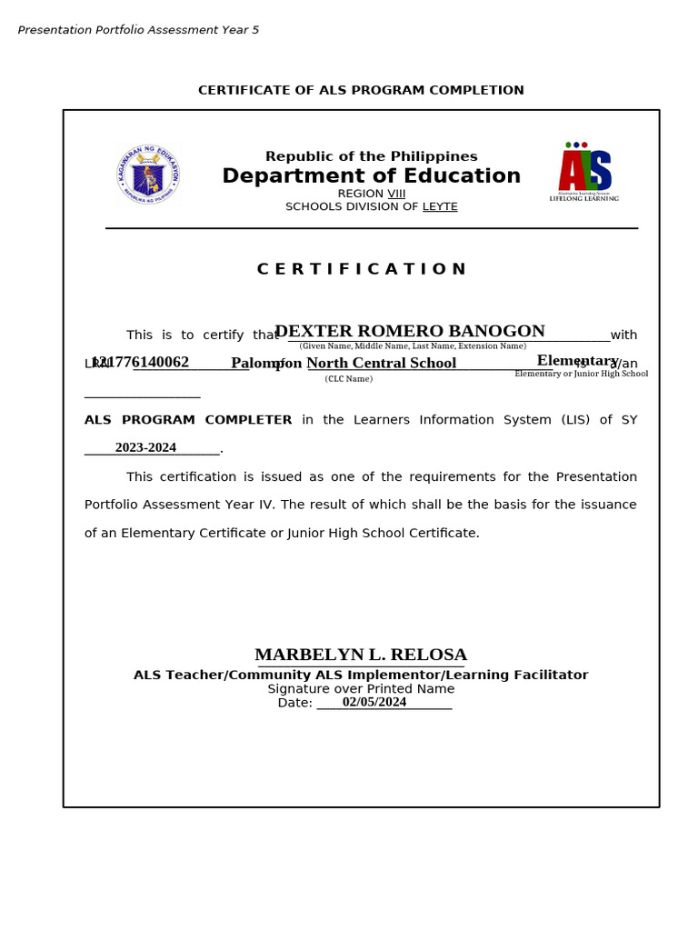 PNCS-PPA 5 Certificate of ALS Program Completion | PDF | Middle Schools | Educational Stages