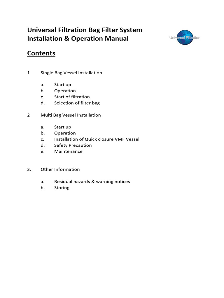 Universal Filtration Bag System Manual | PDF | Filtration | Valve