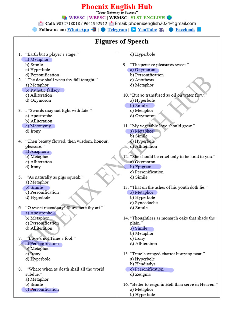 Figures of Speech Practice Set Questions(Answer Key)_Phoenix English ...