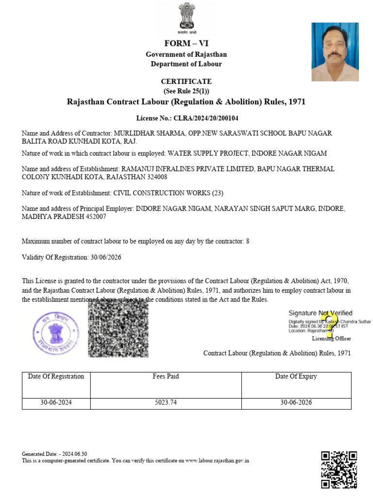 Rajasthan Contract Labour License Certificate | PDF