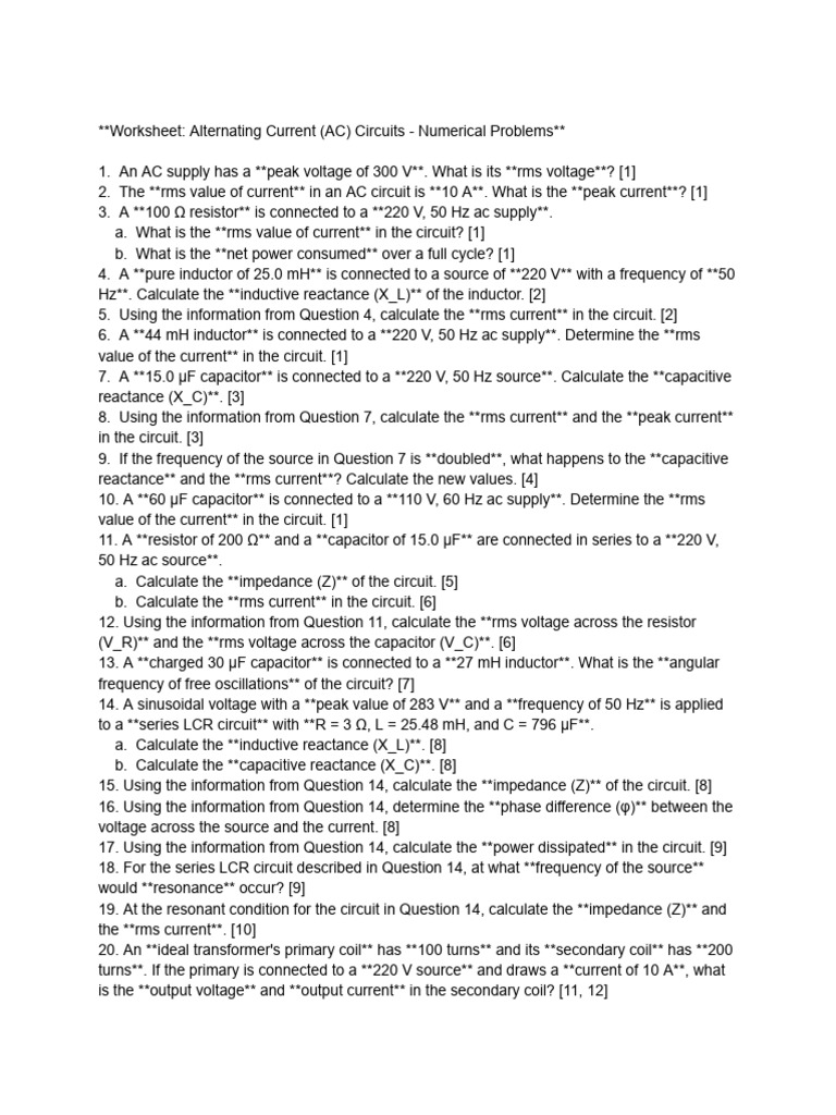 Worksheet - Alternating Current (AC) Circuits - Numerical Problems ...