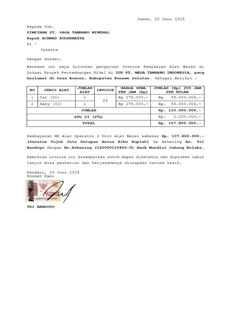 Invoice Sewa Alat Berat Nikel 2025 | PDF