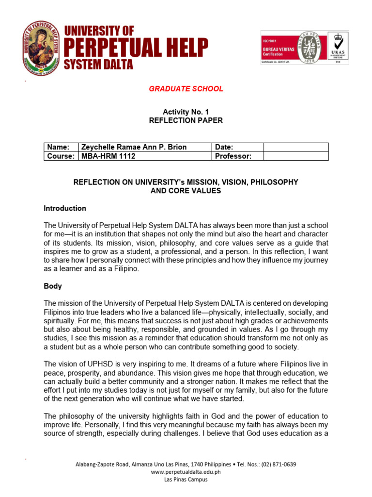 Reflection on UPHSD Values and Mission | PDF | Faith | Value (Ethics)