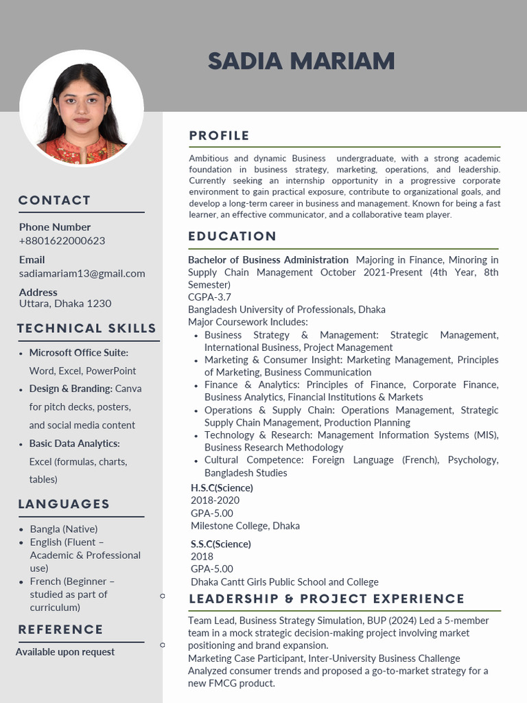 Sadia Mariam - Curriculum Vitae | PDF | Strategic Management | Analytics
