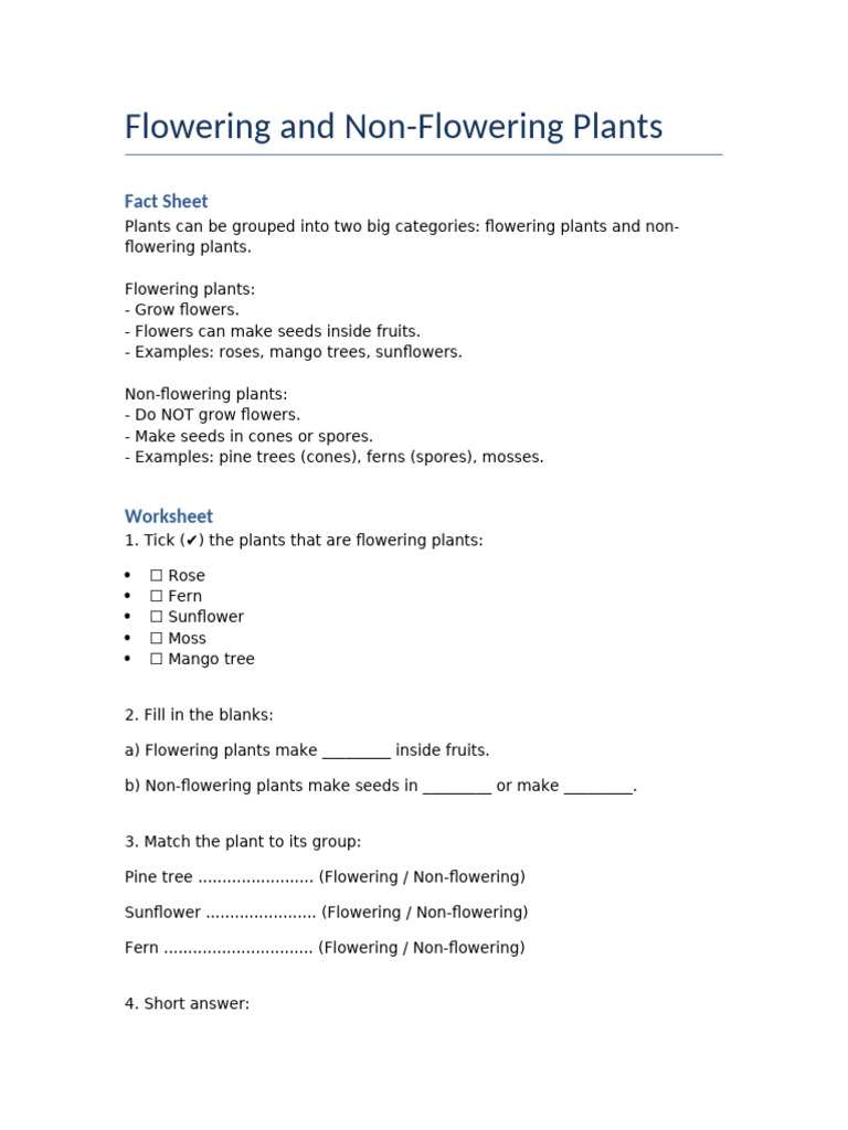 Flowering vs Non-Flowering Plants Worksheet | PDF