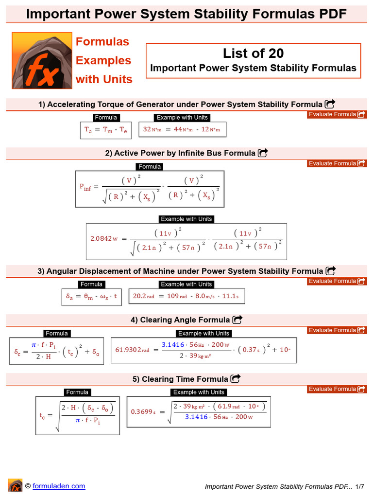 Power System Stability Formulas Guide | PDF | Power (Physics) | Watt