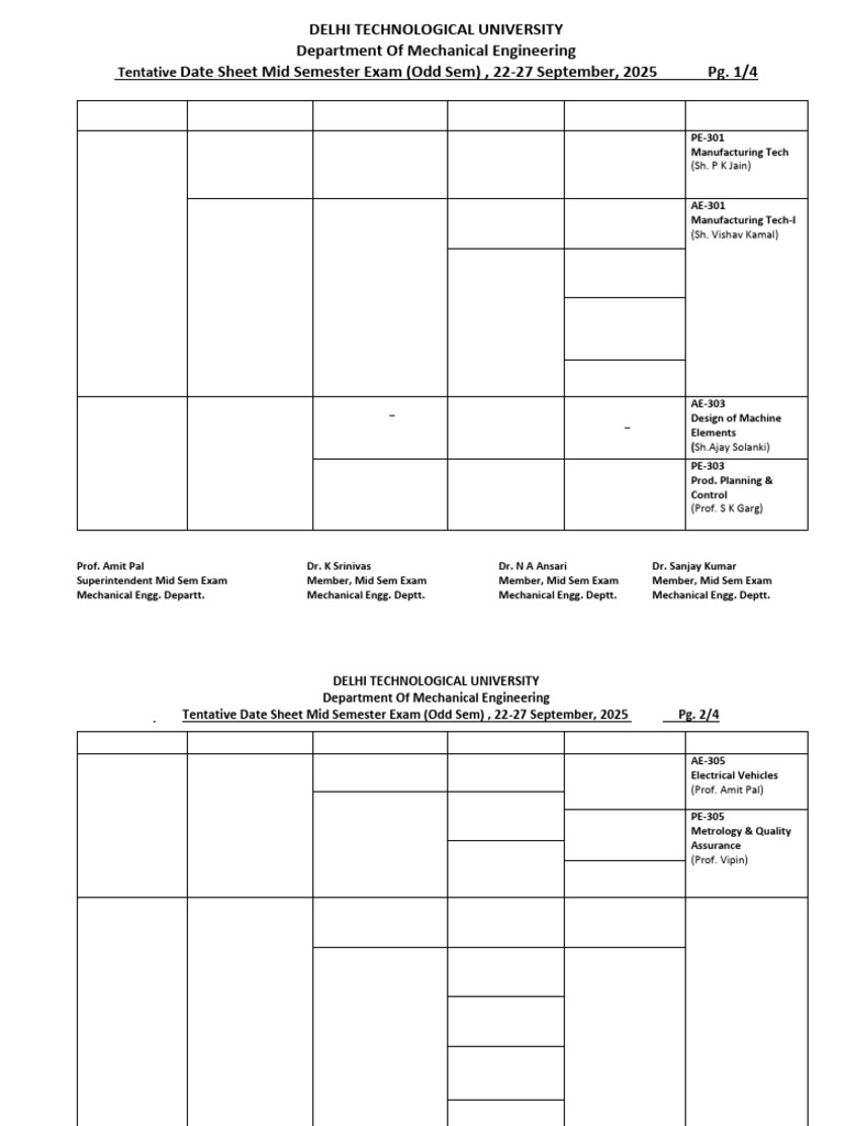 Mid Sem Date Sheet MED Sept 2025 Revised 1 | PDF | Mechanical ...