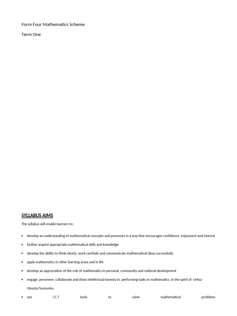 Form Four Mathematics Term One Syllabus | PDF | Mathematics | Algebra