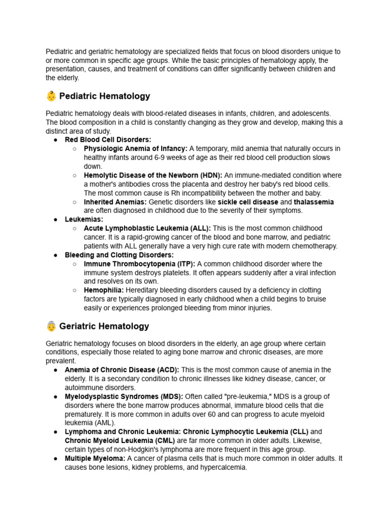 Pediatric vs. Geriatric Hematology Insights | PDF | Leukemia | Anemia