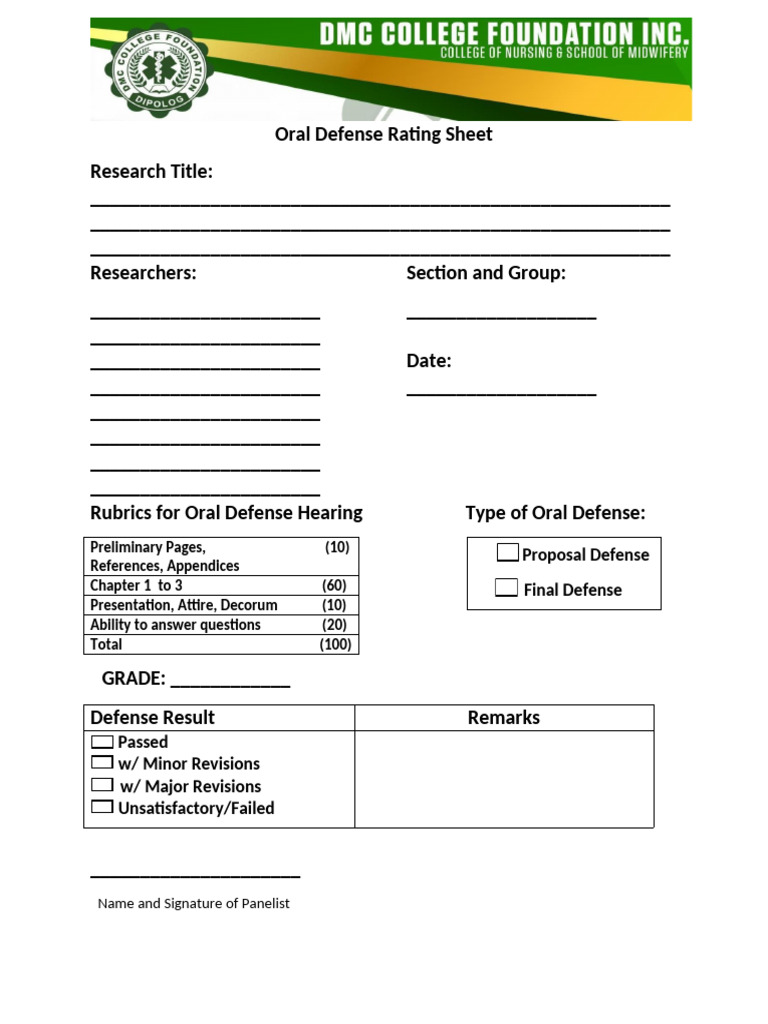 Oral Defense Rating Sheet Template | PDF