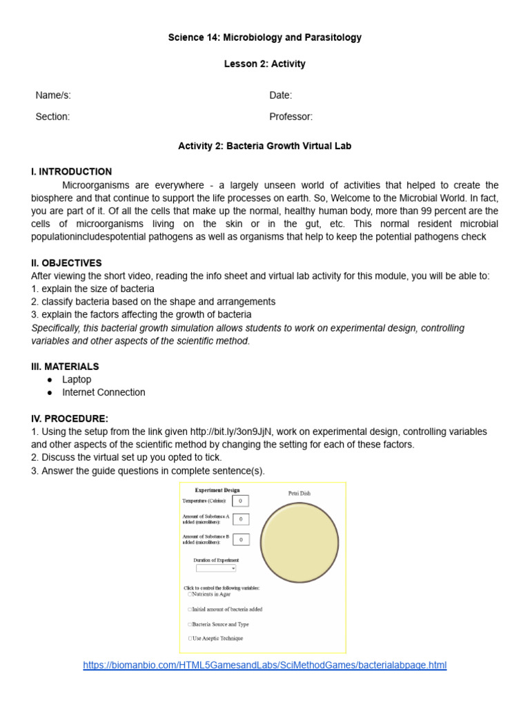 Bacteria Growth Virtual Lab Activity | PDF | Microorganism | Bacteria