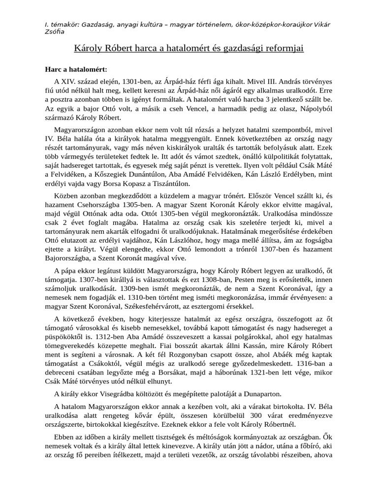 Károly Róbert Harca A Hatalomért És Gazdasági Reformjai | PDF