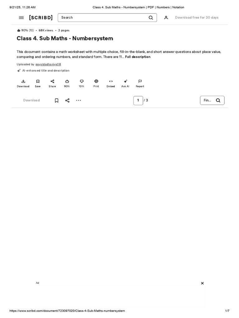 Class 4 Math Worksheet: Number System | PDF | Scribd