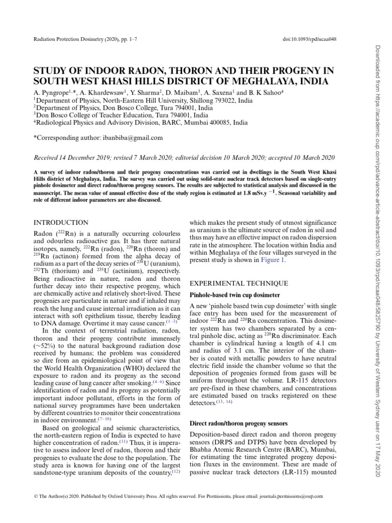 Indoor Radon, Thoron and Their Progeny in West Khasi Hills | PDF ...