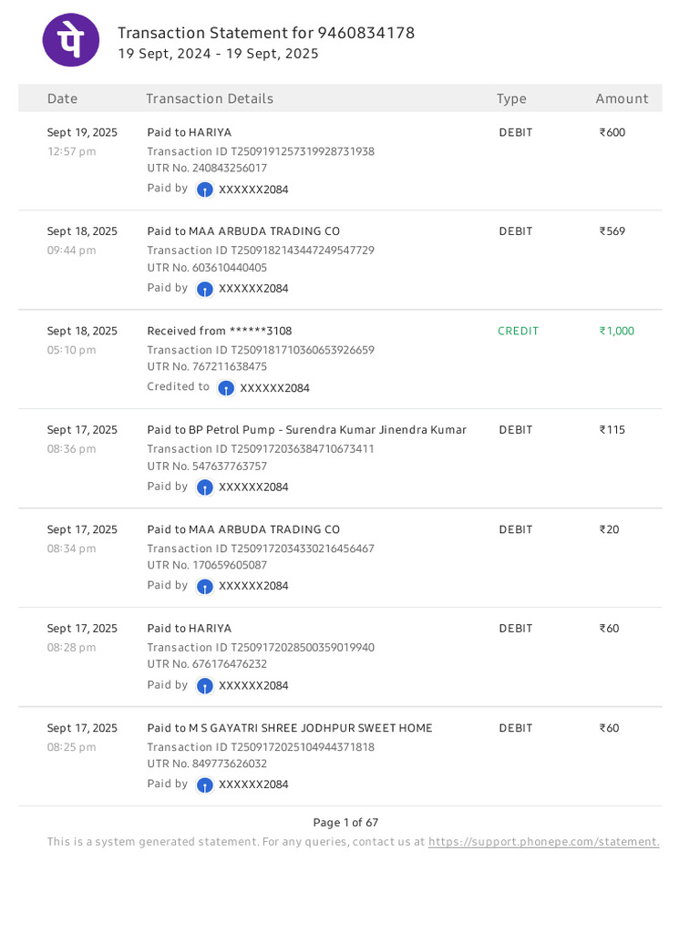PhonePe Statement Sept2024 Sept2025 | PDF | Debit Card | Service Industries