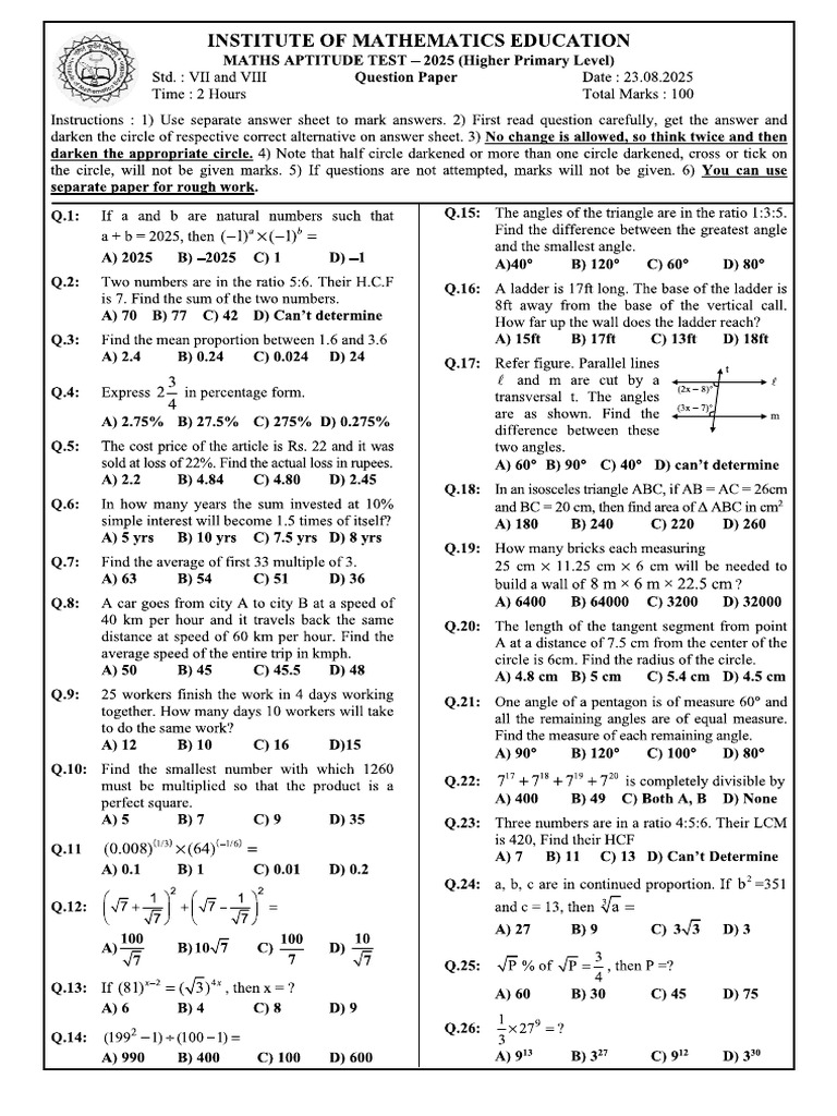 3 MAT 2025 Test 2 Question Paper (VII VIII) | PDF