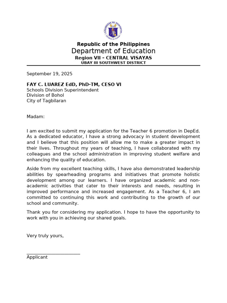 Letter of Intent for Teacher 6 Promotion | PDF