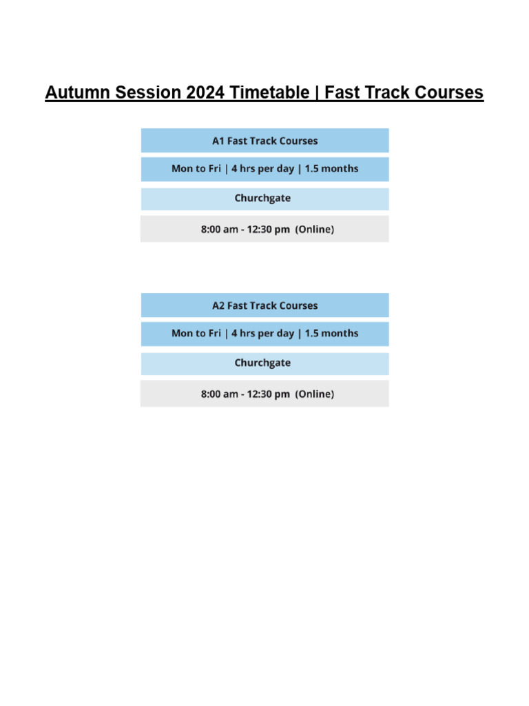 Autumn Session 2024 Timetable Fast Track Courses | PDF