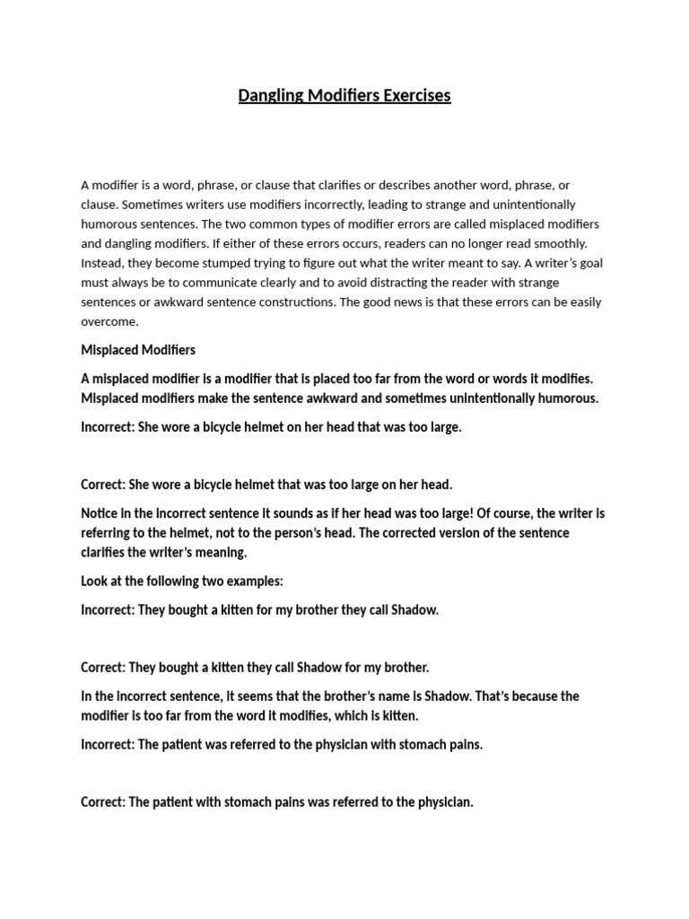 Dangling Modifiers Exercises | PDF | Syntax | Grammar