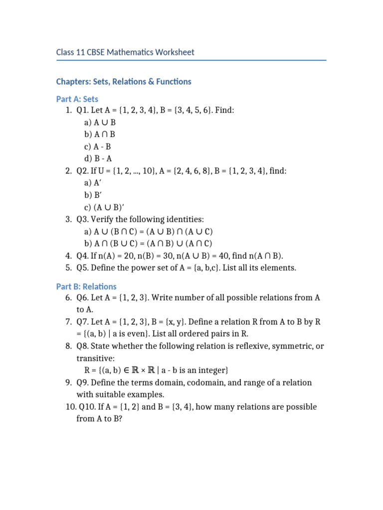 Class 11 Maths Worksheet | PDF