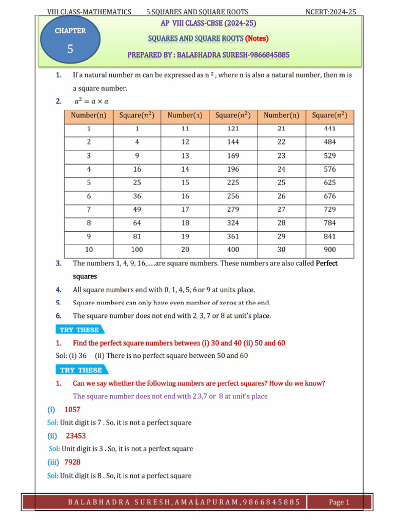Viii Ncert2024!25!5.Squares and Square Roots Notes | PDF
