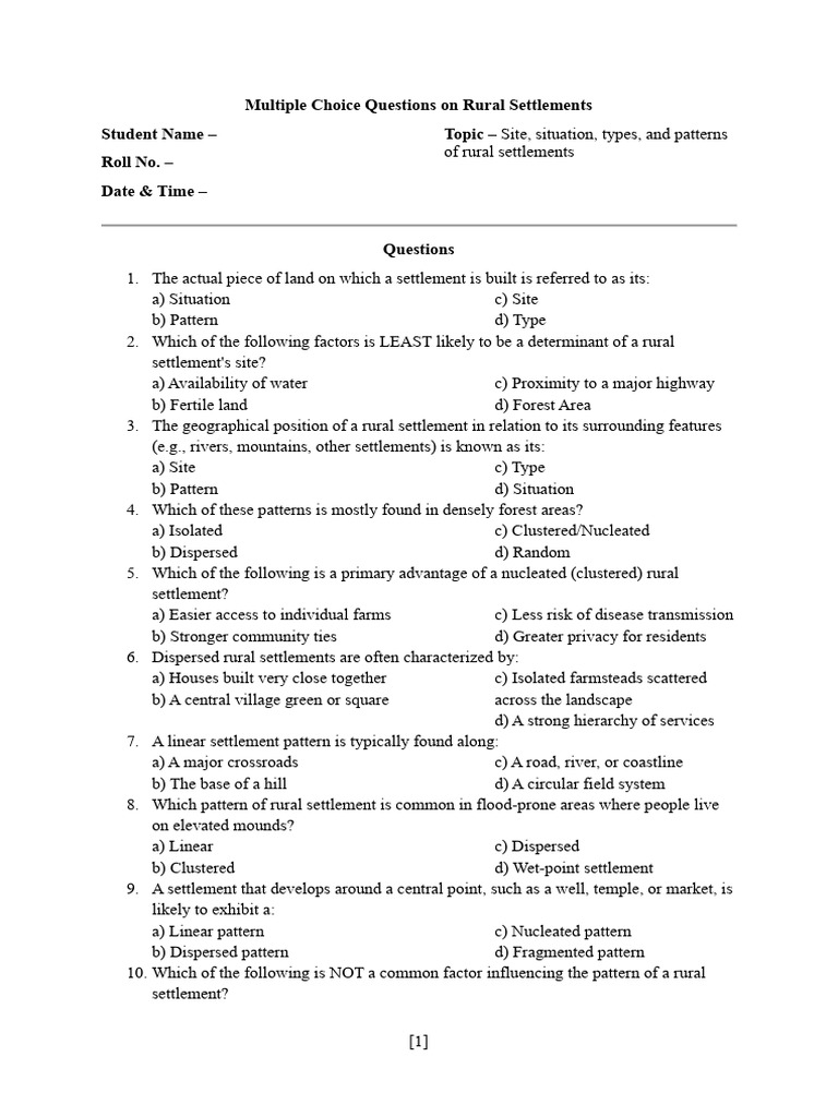 Multiple Choice Questions On Rural Settlements | PDF | Village | Earth ...