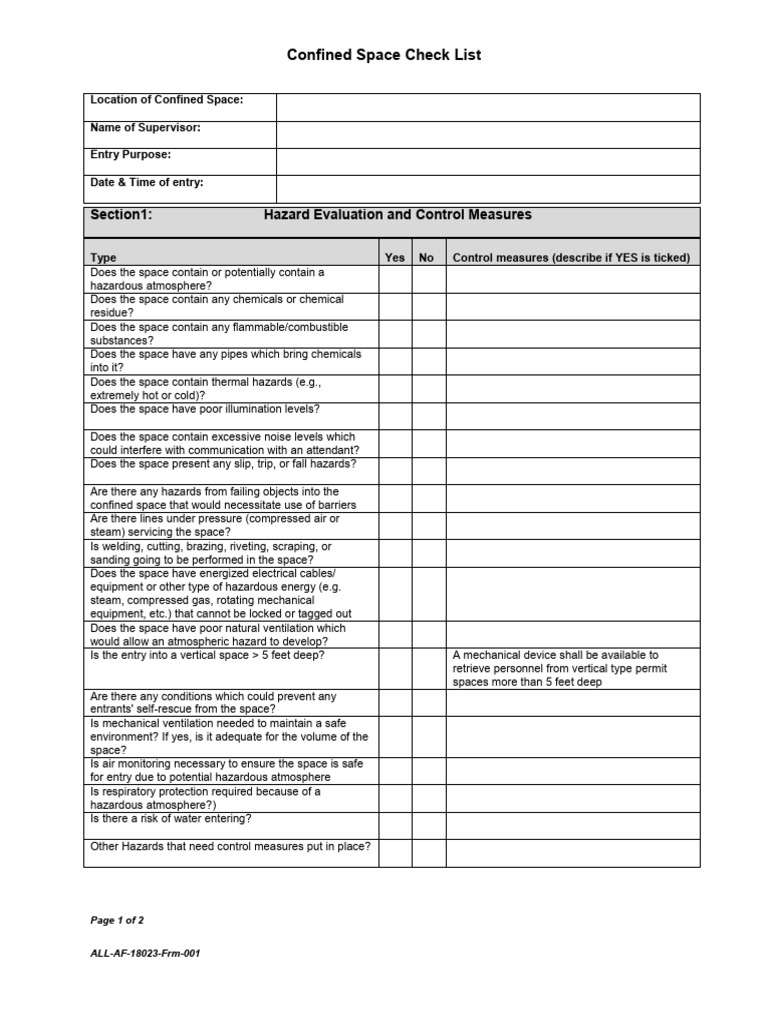 Confined Space Safety Checklist | PDF | Personal Protective Equipment ...