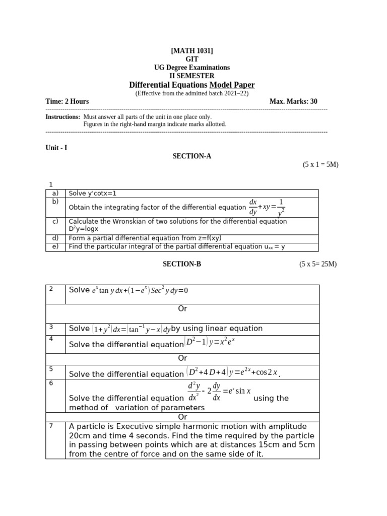 De Model Paper | PDF | Equations | Theoretical Physics