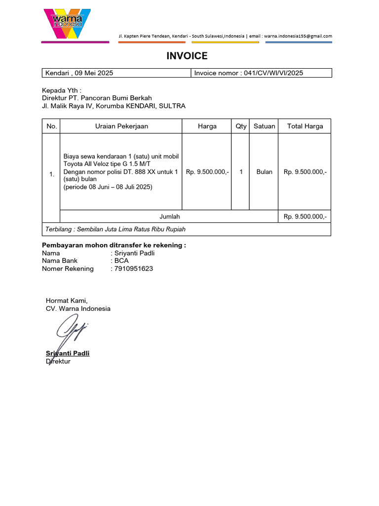Invoice Pembayaran Rental Mobil Veloz Periode July 2025 | PDF