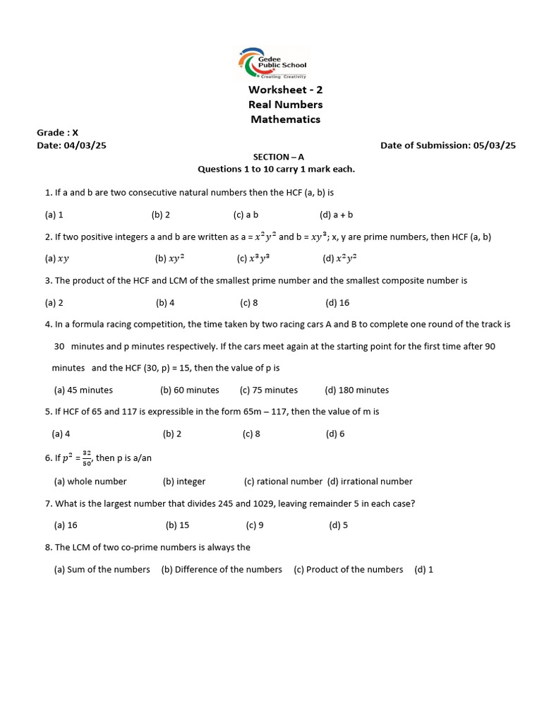 Real Numbers Worksheet for Grade X | PDF | Numbers | Prime Number