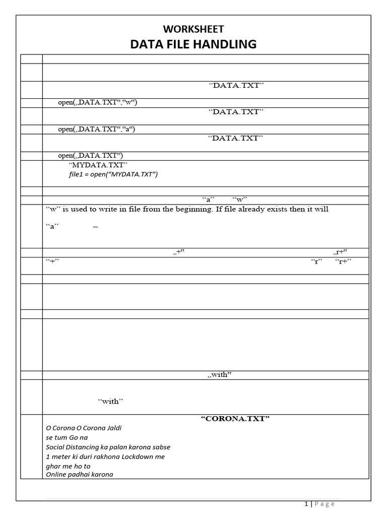 Data File Handling Class 12 Worksheet | PDF | Data | Computer Data