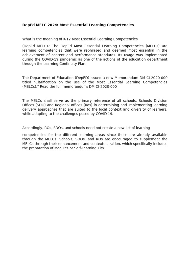 DepEd MELC 2024 Overview and Purpose | PDF