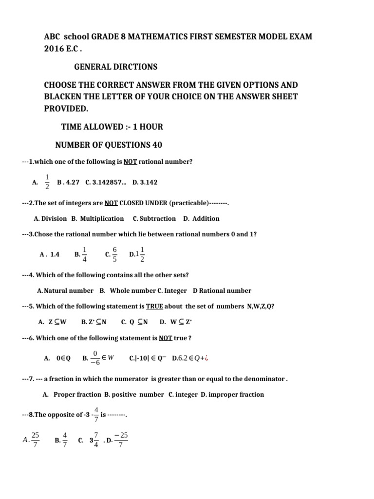 Grade 8 Math Model Exam 2016 E.C. | PDF | Numbers | Number Theory