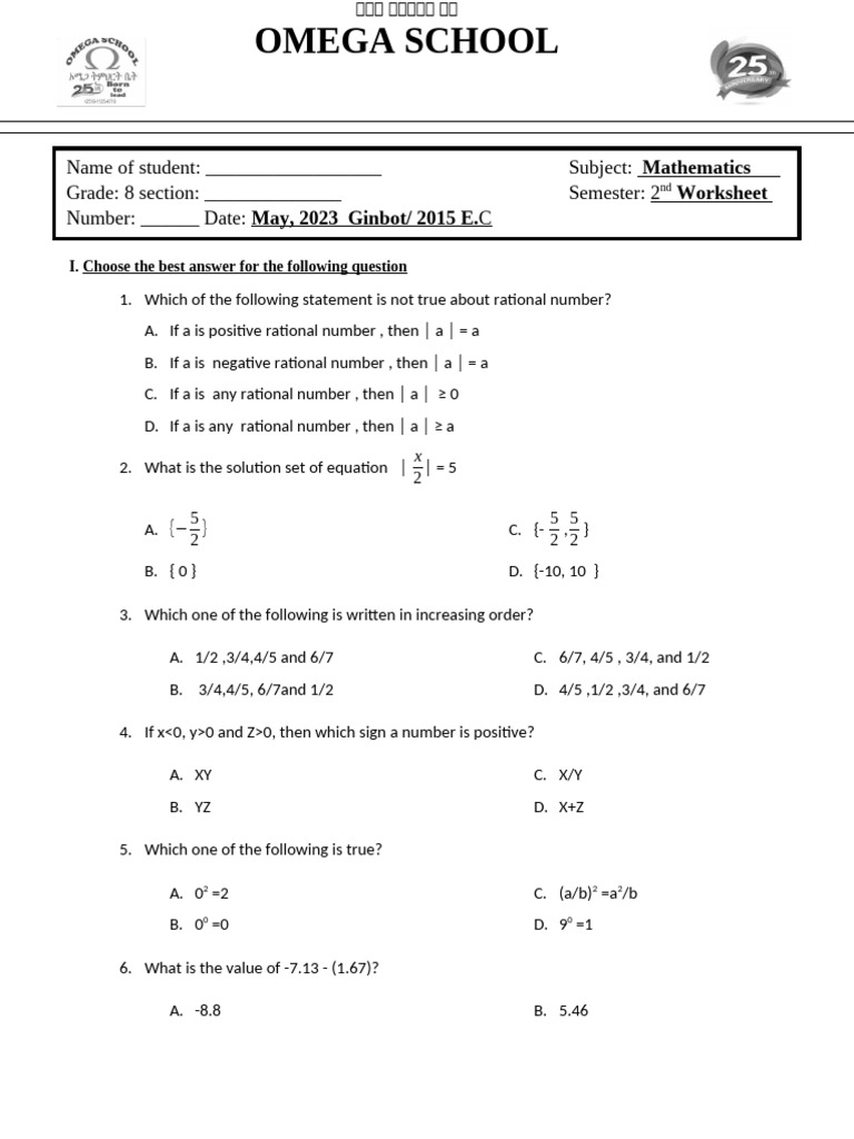 Grade 8 Mathematics 2015 E.C by Omega | PDF | Circle | Triangle