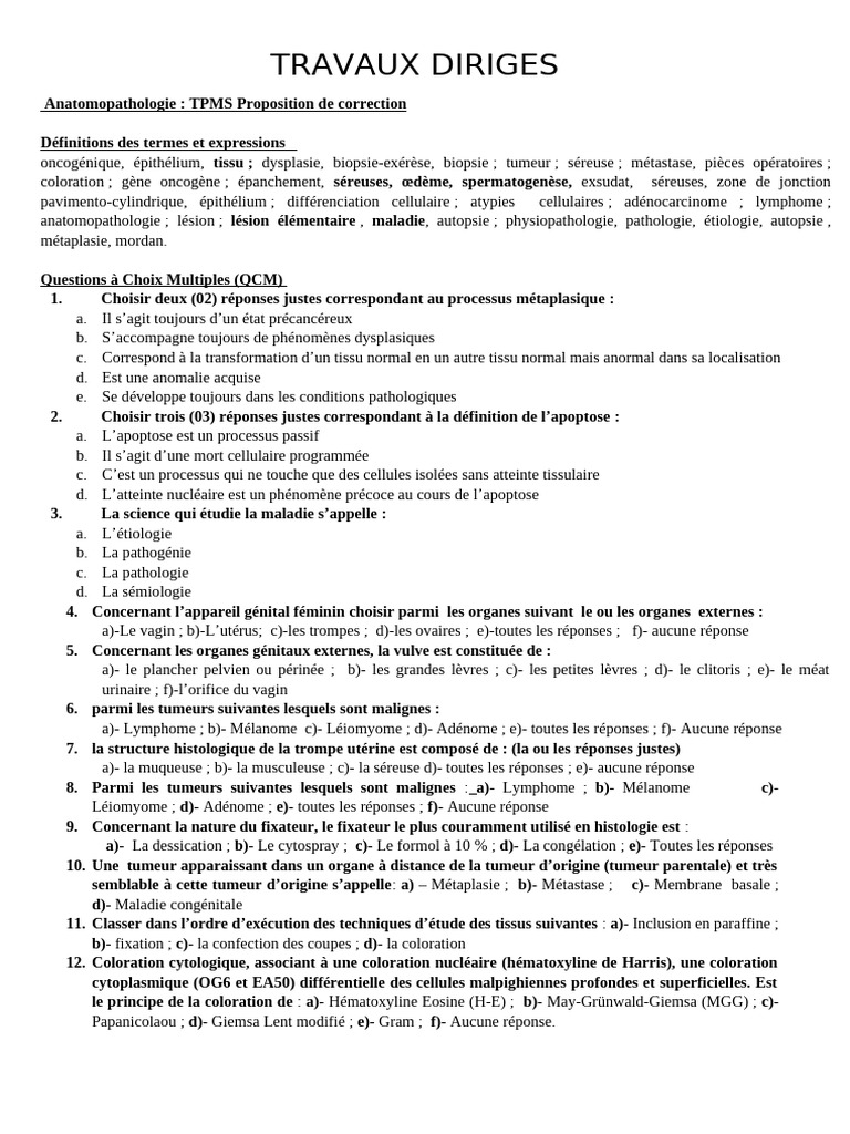 Anatomopathologie : Définitions et QCM | PDF | Cancer du col utérin ...