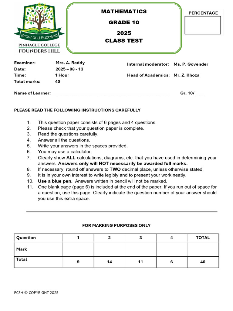 Math GR 10 Class Test T3 2025 | PDF | Cartesian Coordinate System ...