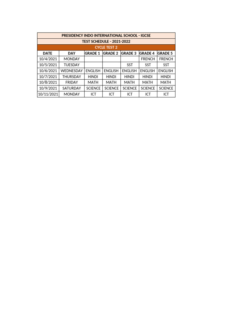 Cycle Test 2 Timetable - Grade 1 To 5.1632391673 | PDF
