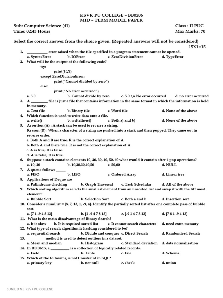 2nd PUC Computer Science Mid-Term Paper | PDF | Queue (Abstract Data ...