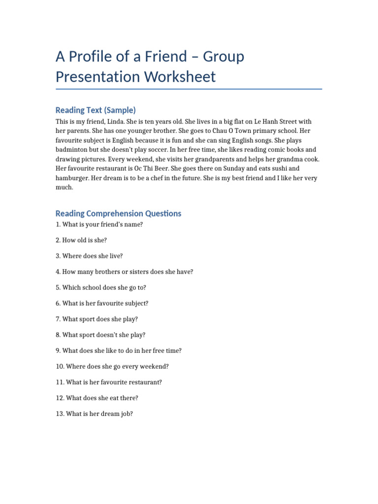 Friend Profile Presentation Worksheet | PDF