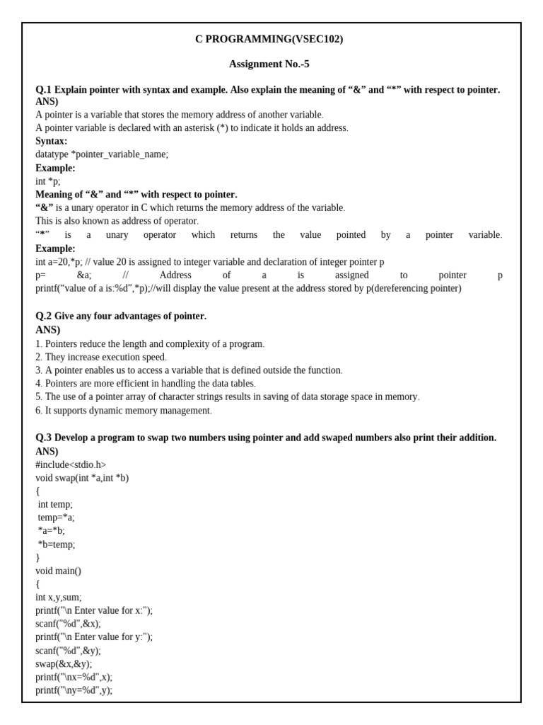 C Programming Assignment 5-Pointers | PDF | Pointer (Computer Programming) | Integer (Computer ...